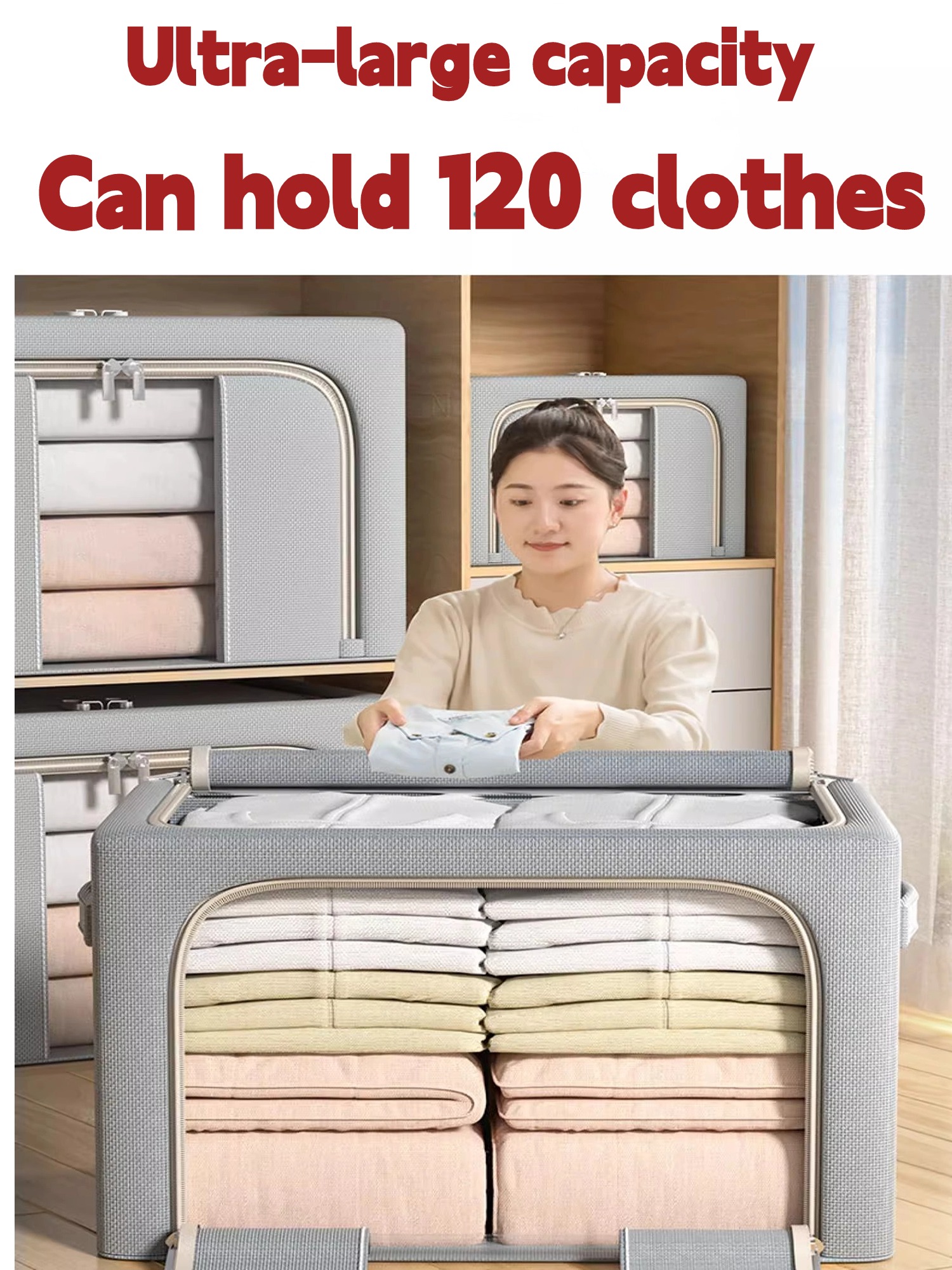 100L Fabric Collapsible Stackable Clothing Storage Box with Zipper ...