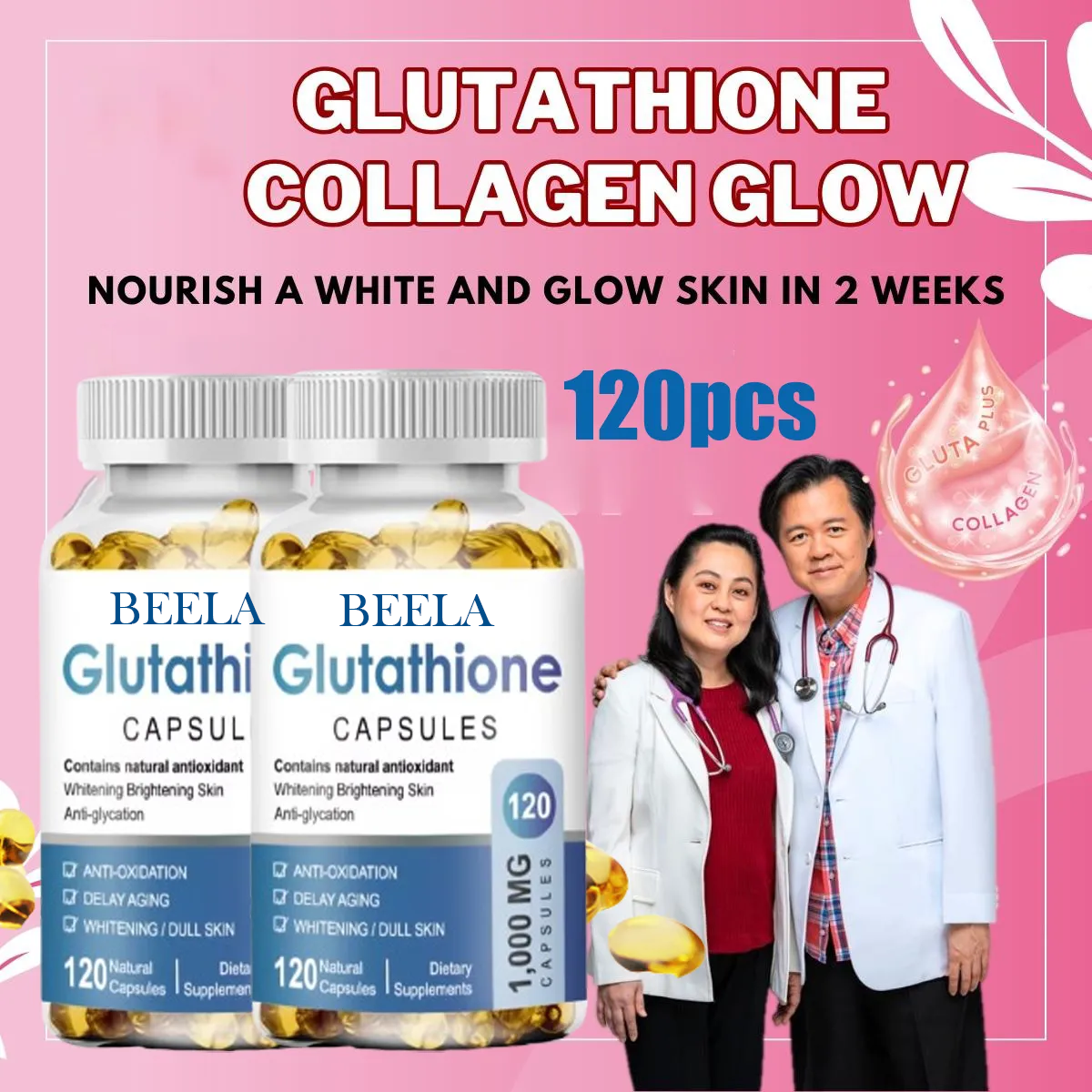 BEELA 120pcs Glutathione Capsules Collagen Antioxidant Anti-Aging Skin ...