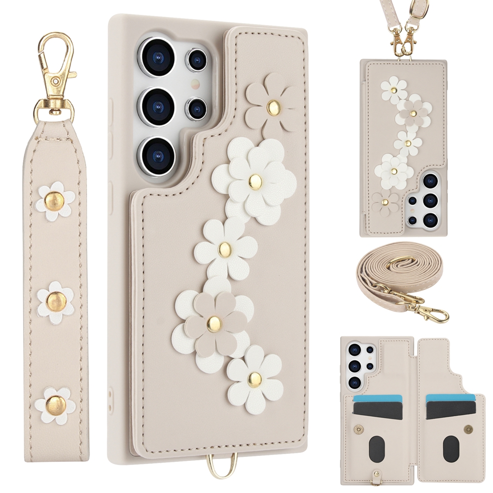 Crossbody Lanyard Flower Leather Case For Samsung Galaxy S22 S23 FE S25 S24 Ultra S24 Plus A55 ...