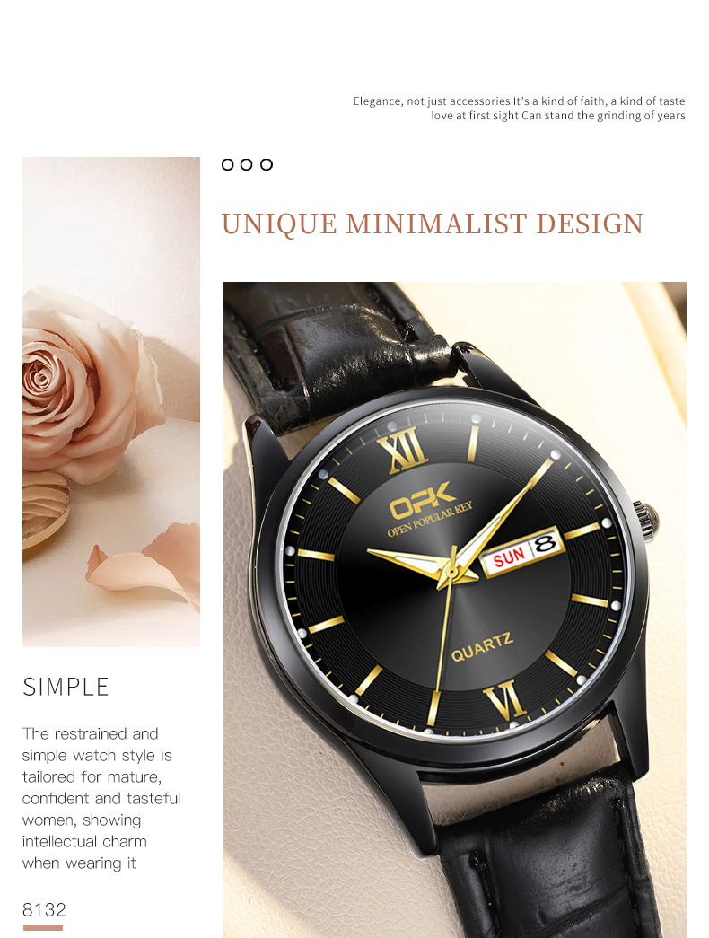 OPK Watch For Women Waterproof Original Quartz Black Leather Strap ...
