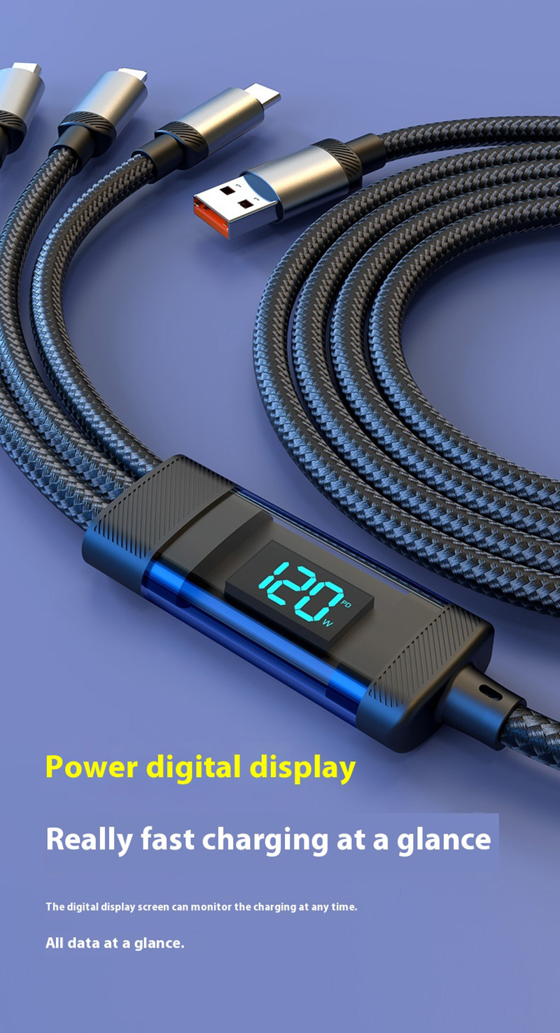 120W Intelligent Digital Display Charging Cable For ios15 Type c Micro ...