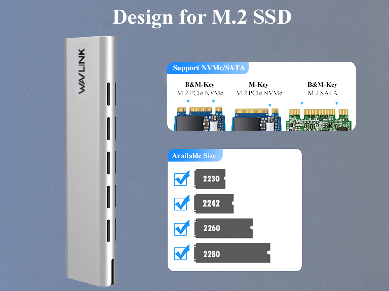 WAVLINK Aluminum M.2 NVMe and SATA SSD Enclosure USB 3.1 Gen 2 10Gbps ...