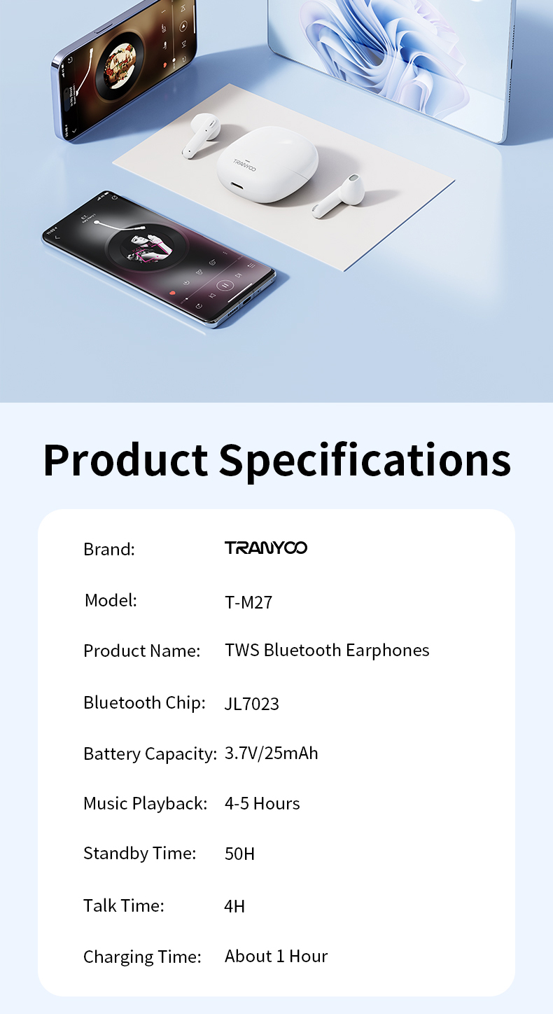 Tranyoo M27 Bluetooth 5.3 Earphone High Stereo Sound Wireless Earphones ...