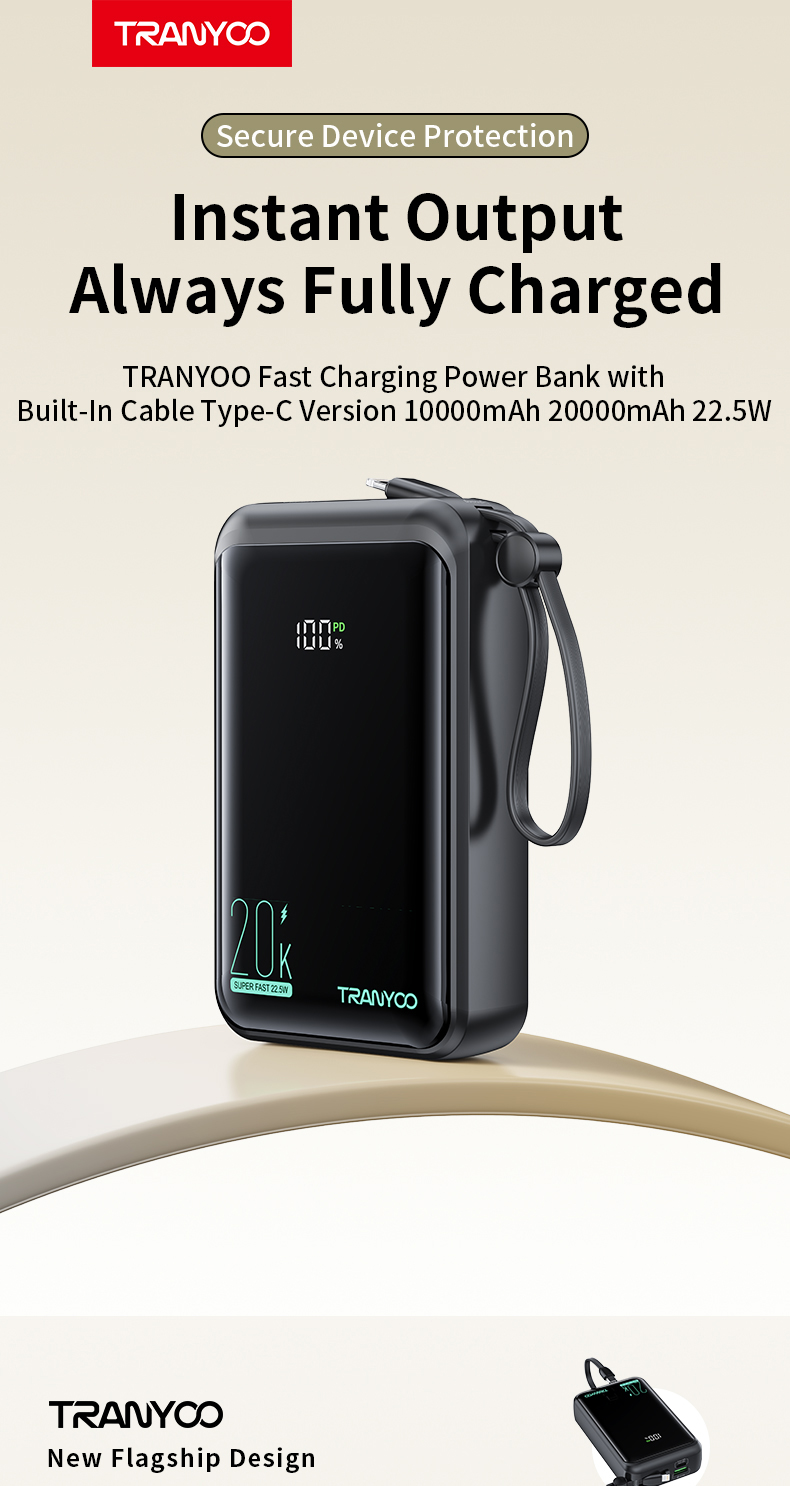 Tranyoo K15 20000mAh Mini Powerbank Built In 2 Cable 22.5W Fast Charge Portable Power bank ...
