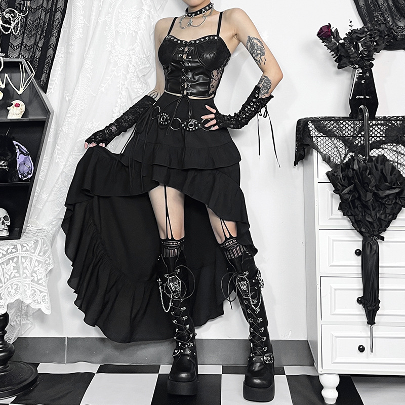 CHUNGLO Goth Women's Steampunk Retro Gothic Pleated Asymmetric Hi-Low ...