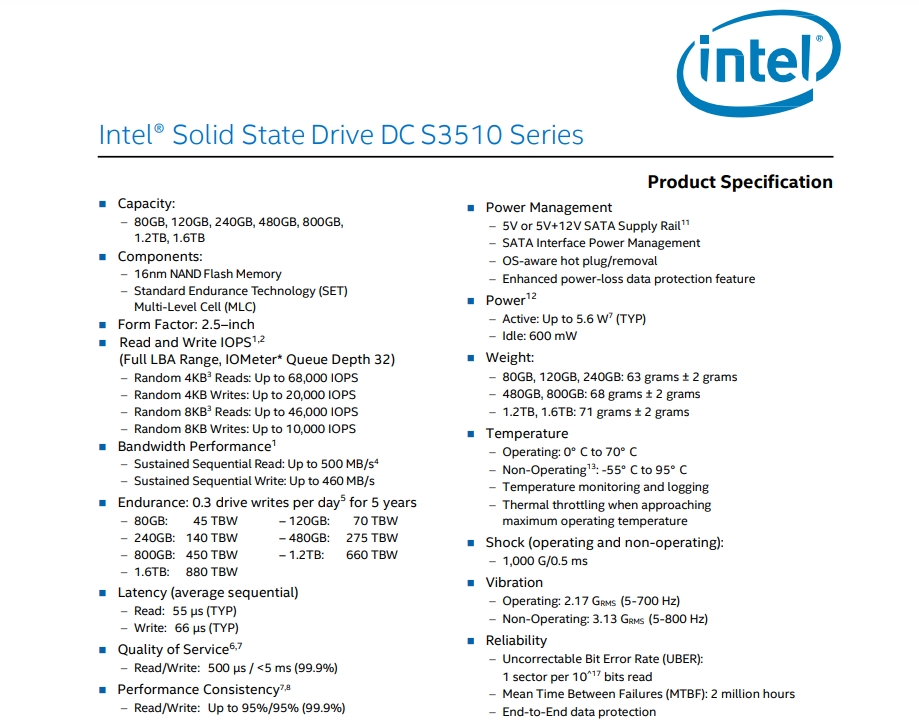Intel DC S3510 2.5" 80GB 120GB 240GB 480GB SATA III MLC Internal Solid State Drive (SSD ...