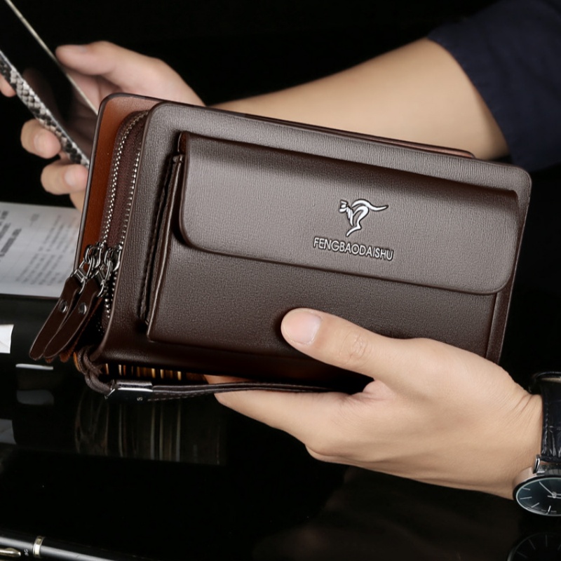 Men's Handbag Business Double Zipper Large Capacity Multi Card Genuine ...