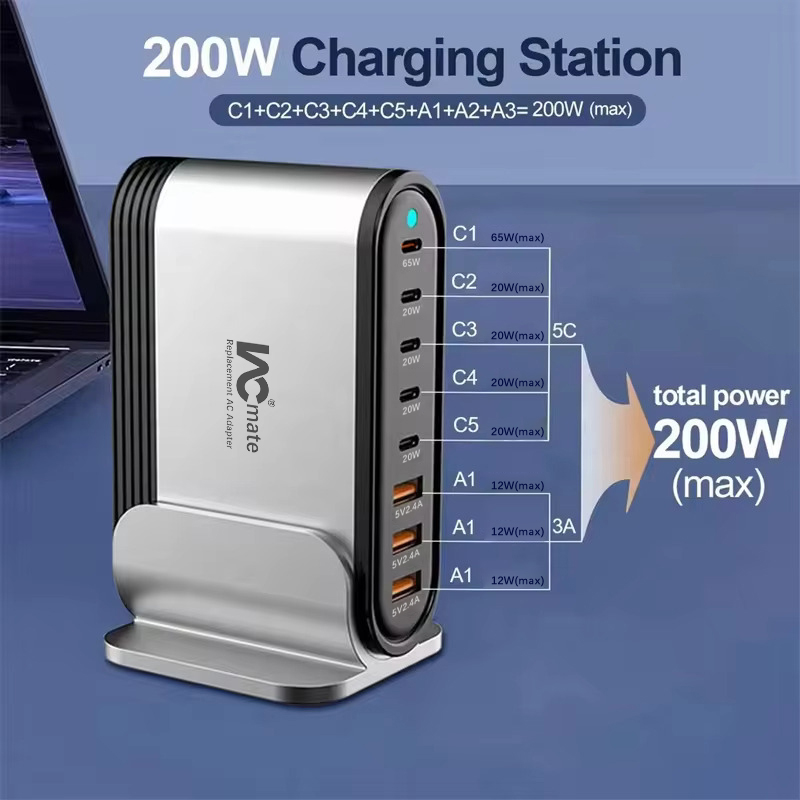 USB C Charger Multiport, Charging Station with 5 Type-C PD Charging and 3 USB Ports, Desktop USB ...