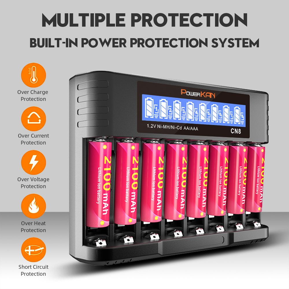 PowerKAN CN8 Battery Charger, 500mA*8 Slot High Speed Charging and USB ...