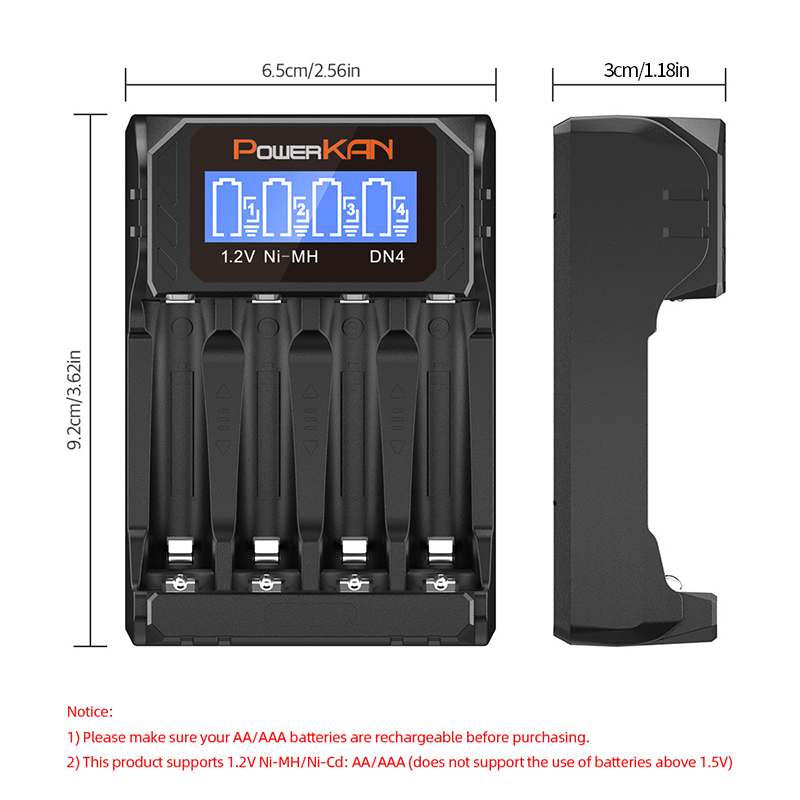 POWERKAN DN4 Battery Charger with LCD Charging Display for 4 1.2V NiMH ...