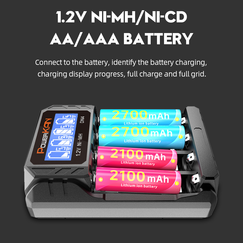 POWERKAN DN4 Battery Charger with LCD Charging Display for 4 1.2V NiMH ...