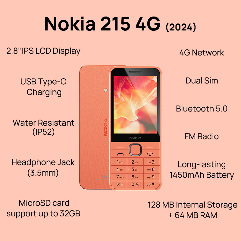 Nokia 215 4G 2024 Keypad Basic Phone 2.8'' IPS Screen Bluetooth 5.0 ...
