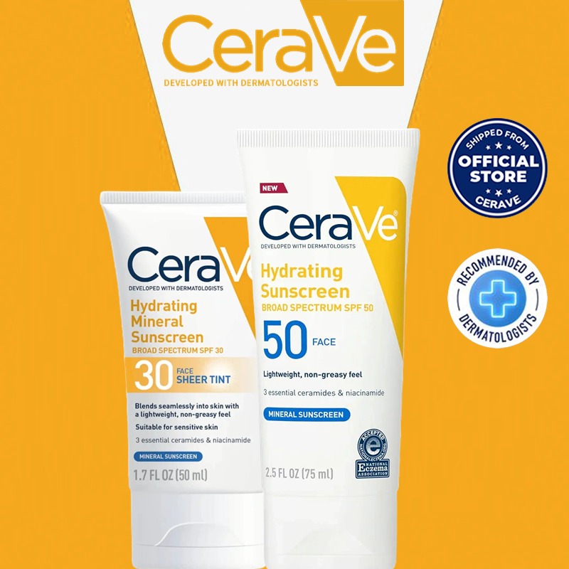CeraVe Hydrating Mineral Sunscreen SPF 50+ & 30+ Whitening Protection ...