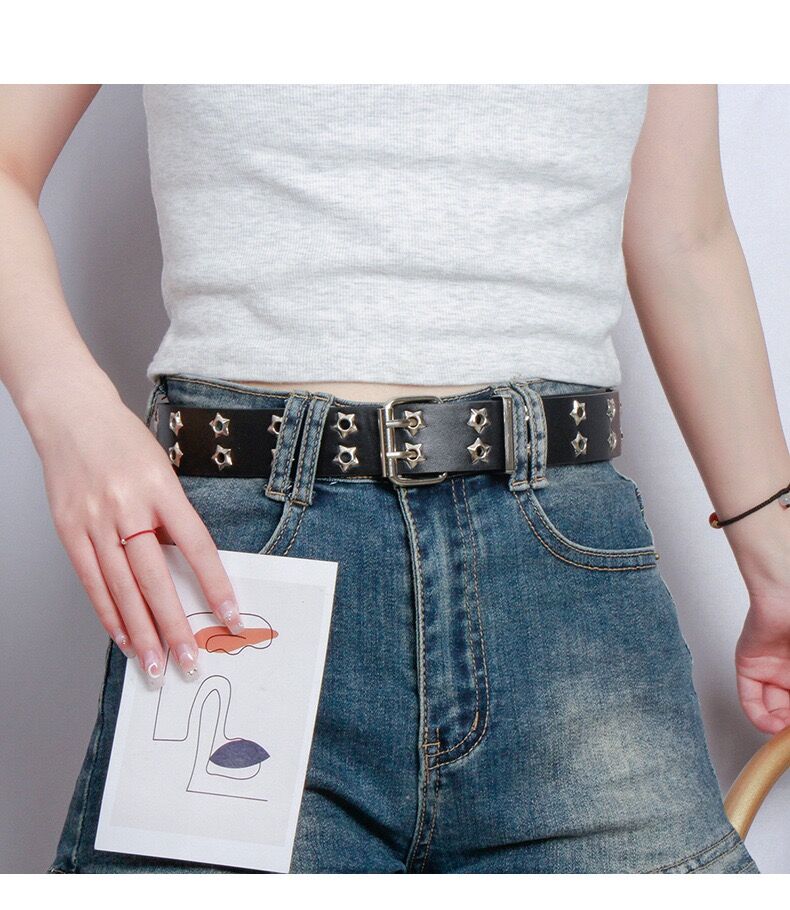 Punk Style Star Studded Belt Double Row Hole Wide Waistband for Men ...