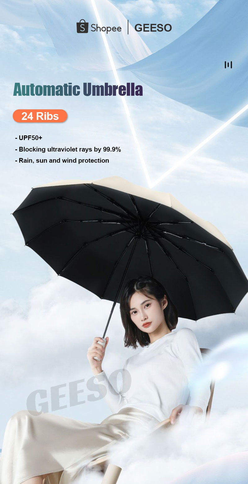 GEESO 7 Colors Optional Automatic Umbrella 24 Ribs Auto Open Umbrella UPF50+ 23 Inches Windproof ...
