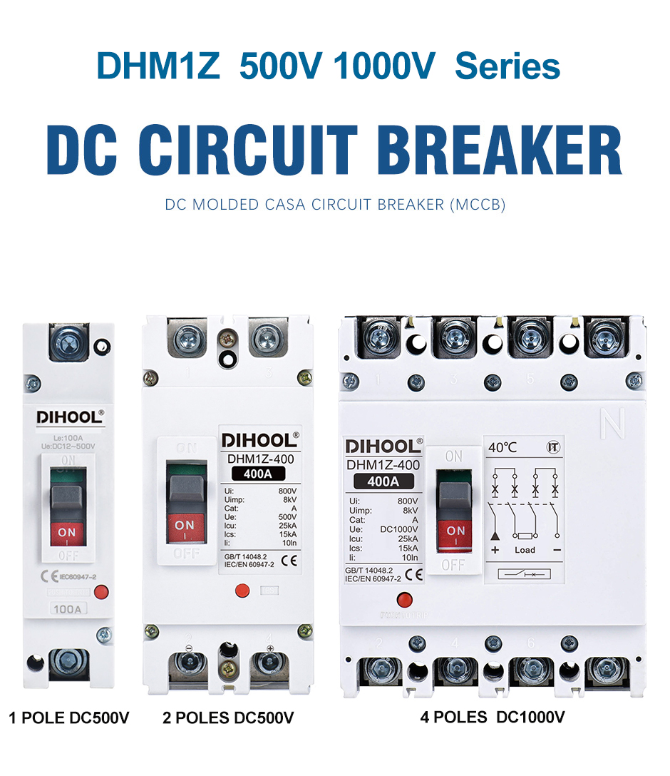 DC Mccb molded case circuit breaker 2P 3 4 Poles 500V 750V 1000V 63A 80 ...