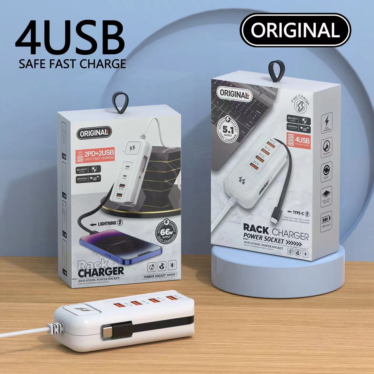 66W USB Plug Power Strip Charger Station Splitter 5V4A USB TYPE C 3.0 ...