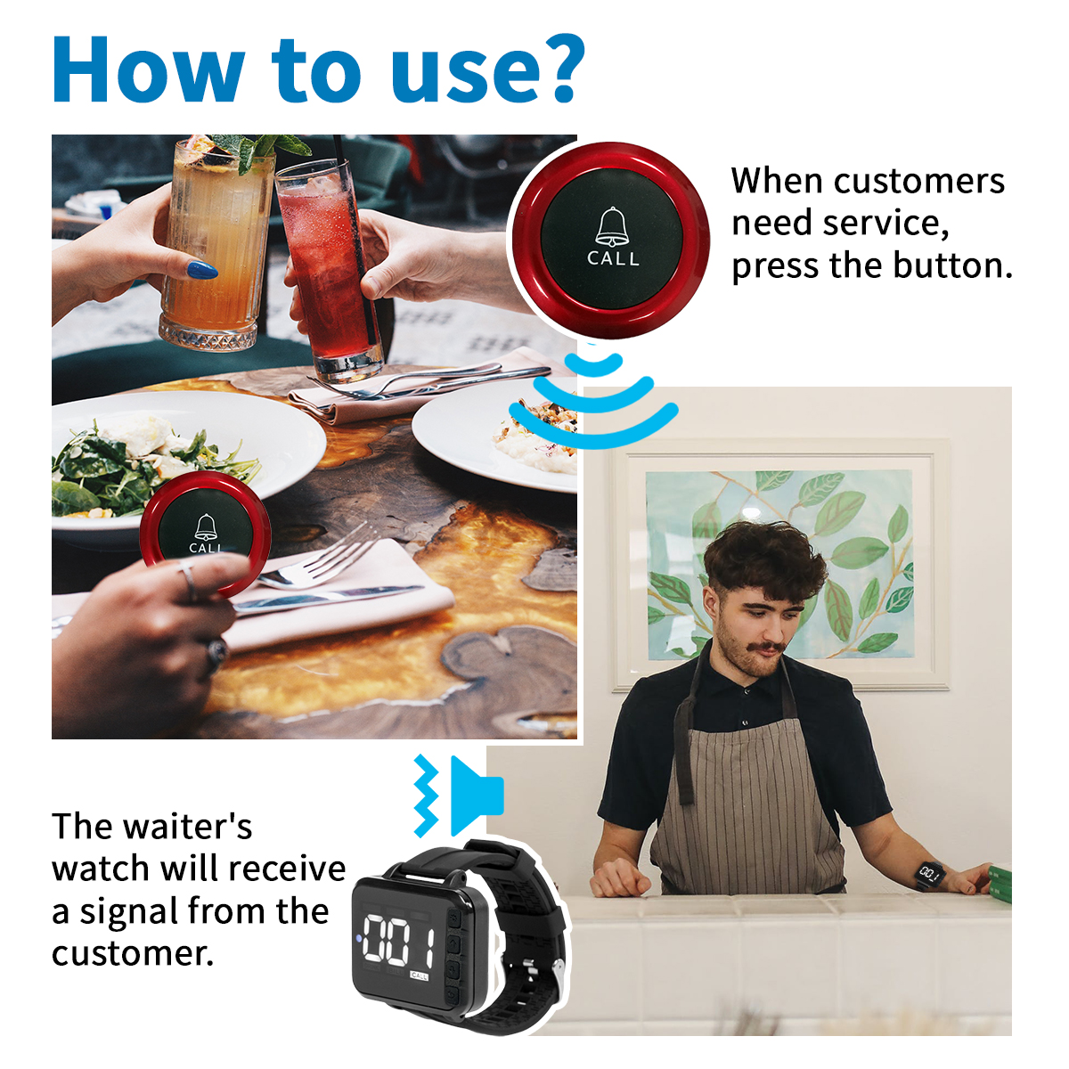 Restaurant Pager Wireless Waiter Calling System Watch Receiver with ...