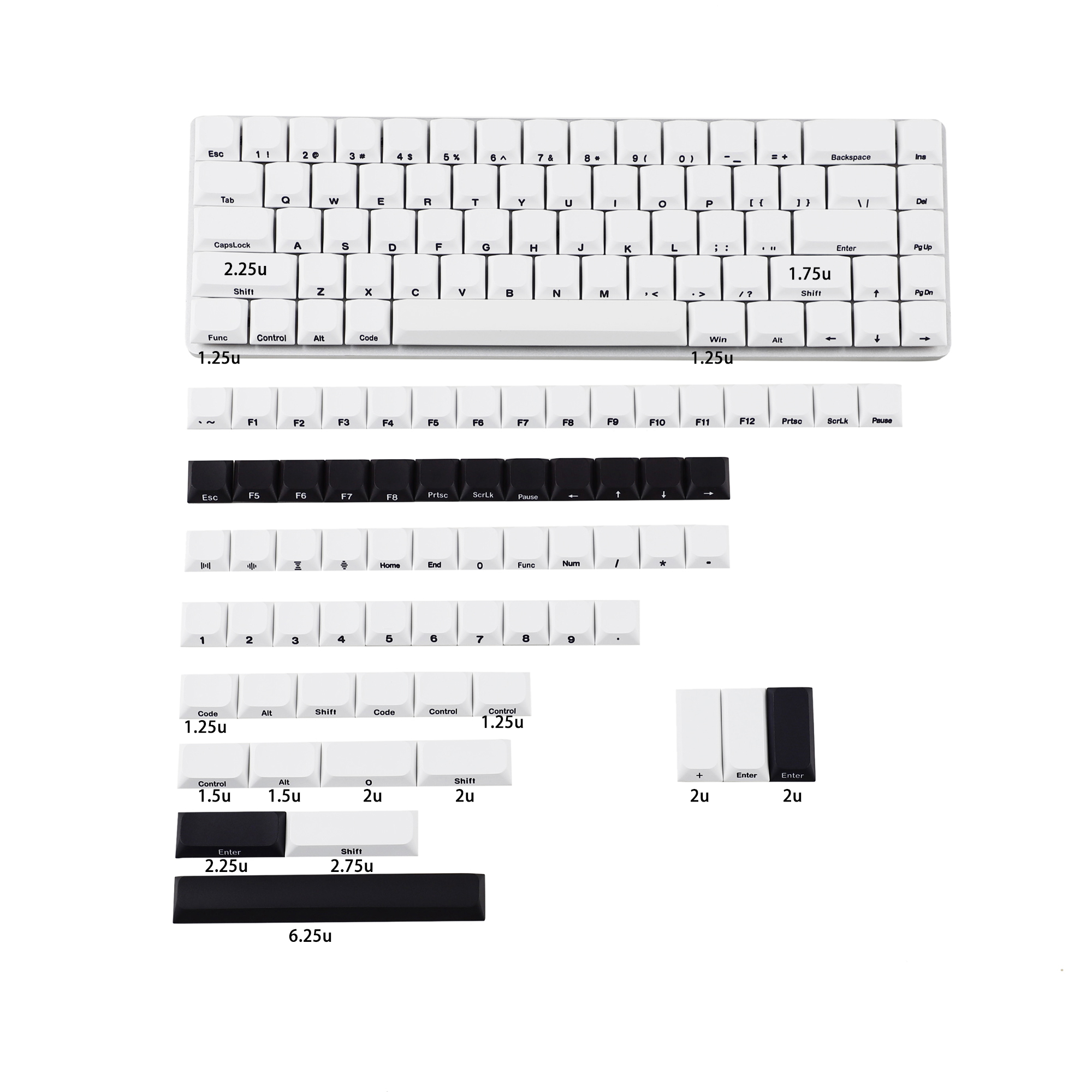 YMDK Slim Low profile MX PBT Keycap Black White Side Print Dye Sub for Nuphy 61/64/75/87/96/104 ...