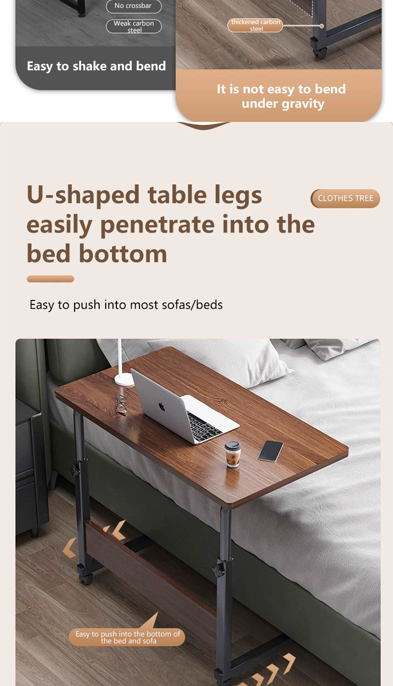 Movable Bed Side Table Adjustable Laptop Table with Wheel Portable Side ...