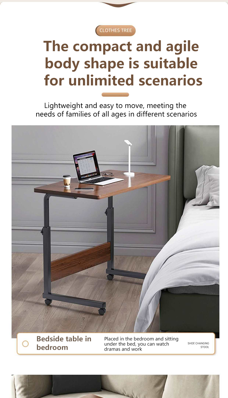 Movable Bed Side Table Adjustable Laptop Table with Wheel Portable Side ...