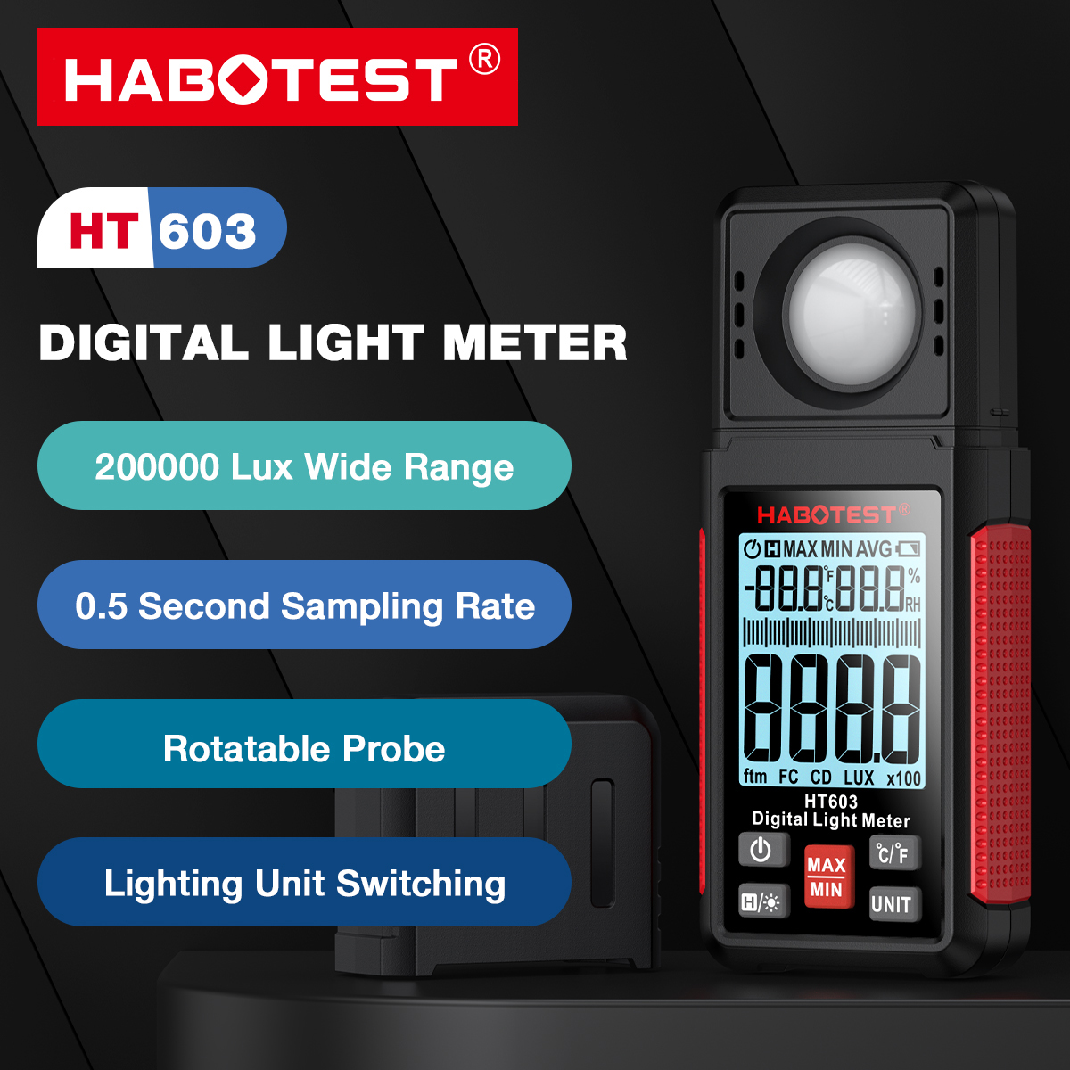 HABOTEST HT603 Digital Light Meter 200000 LUX Digital Illuminance Meter ...