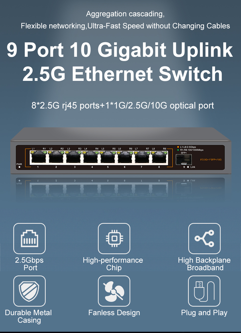 JT-COM 8-Ports 2.5Gb Ethernet Switch 2.5GBASE-T Network Switch 10Gigabit Uplink Plug and Play ...