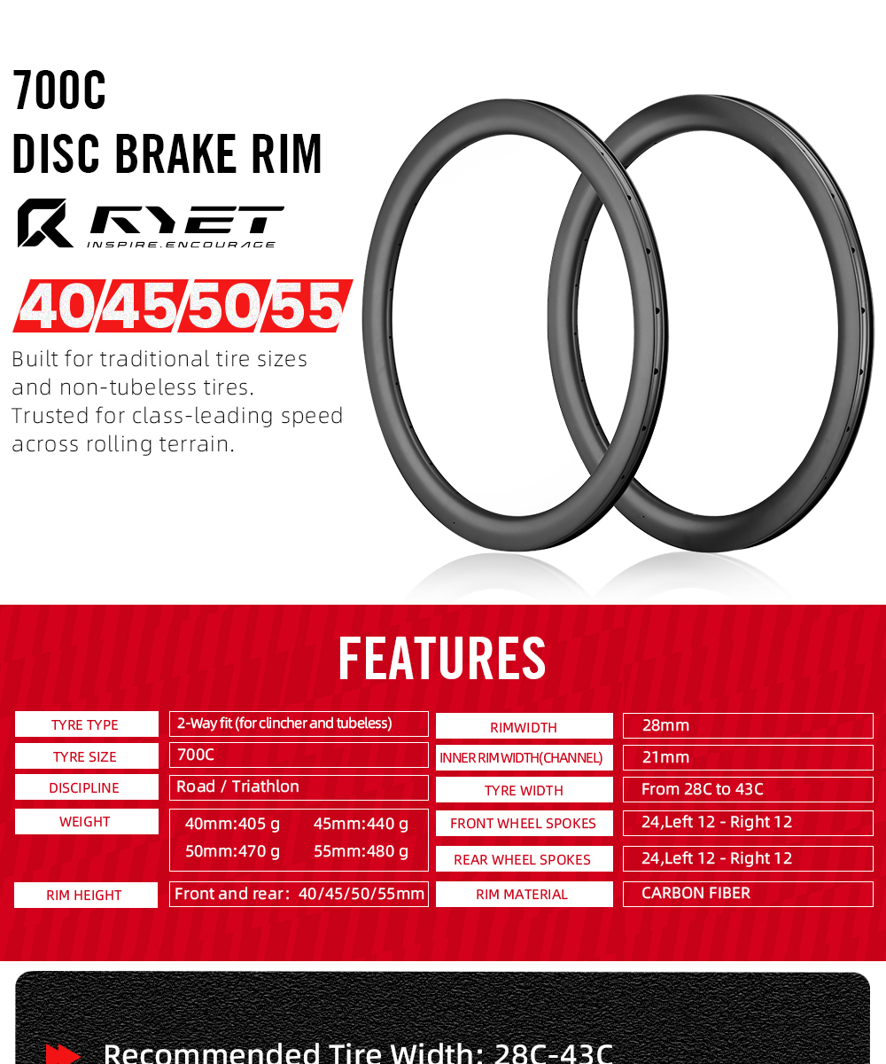 Ready Stock! LEXON RYET 700C Carbon Road Rims Disc Brake 40mm 45mm 50mm ...