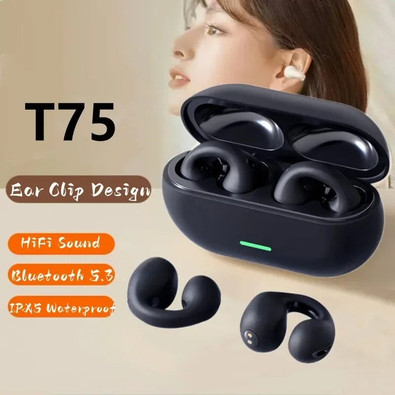 T75 Earbuds Gaming Clip Ear Bluetooth 5.3 Wireless Headphones Music ...