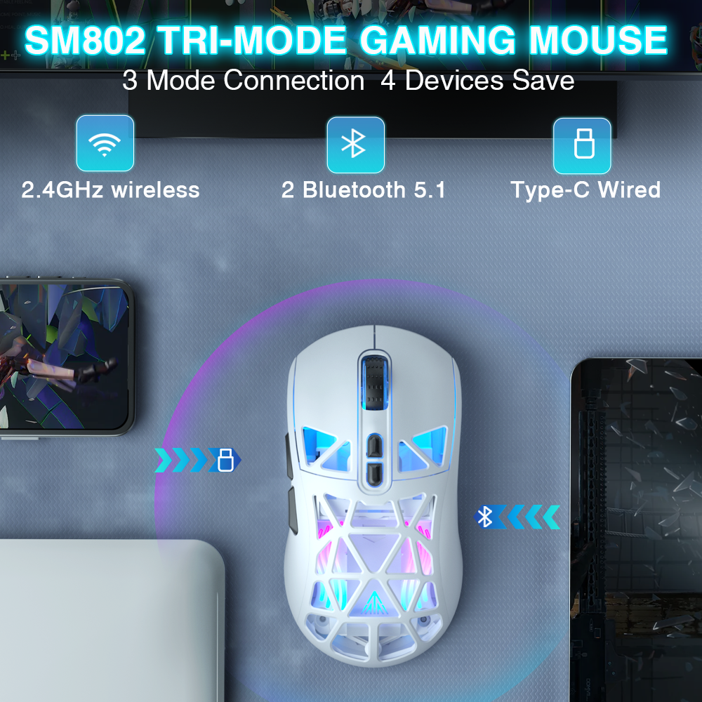 SOLAKAKA SM802 Customized Mouse Replaceable Shell Tri-mode Connection ...