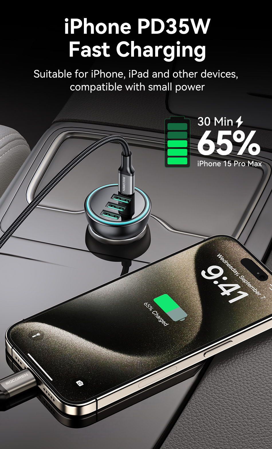 Rocoren 55W QC4.0 PD3.0 Blue Indictor Car Charger 4 Port USB Type C ...