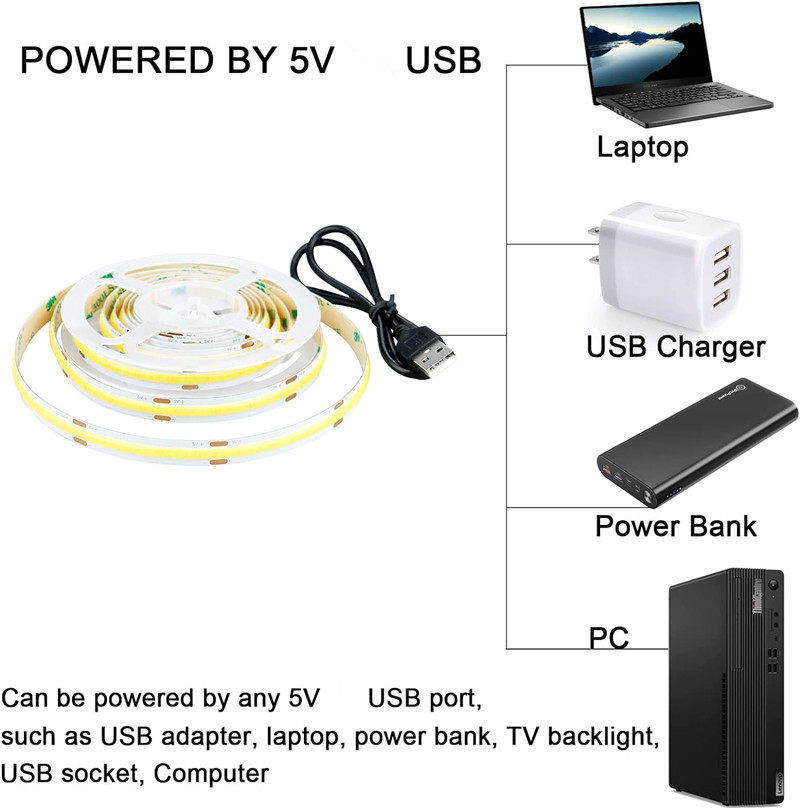 USB 5V COB LED Strip Light 320leds/m Flexible LED Lamp Tape 1M-5M ...