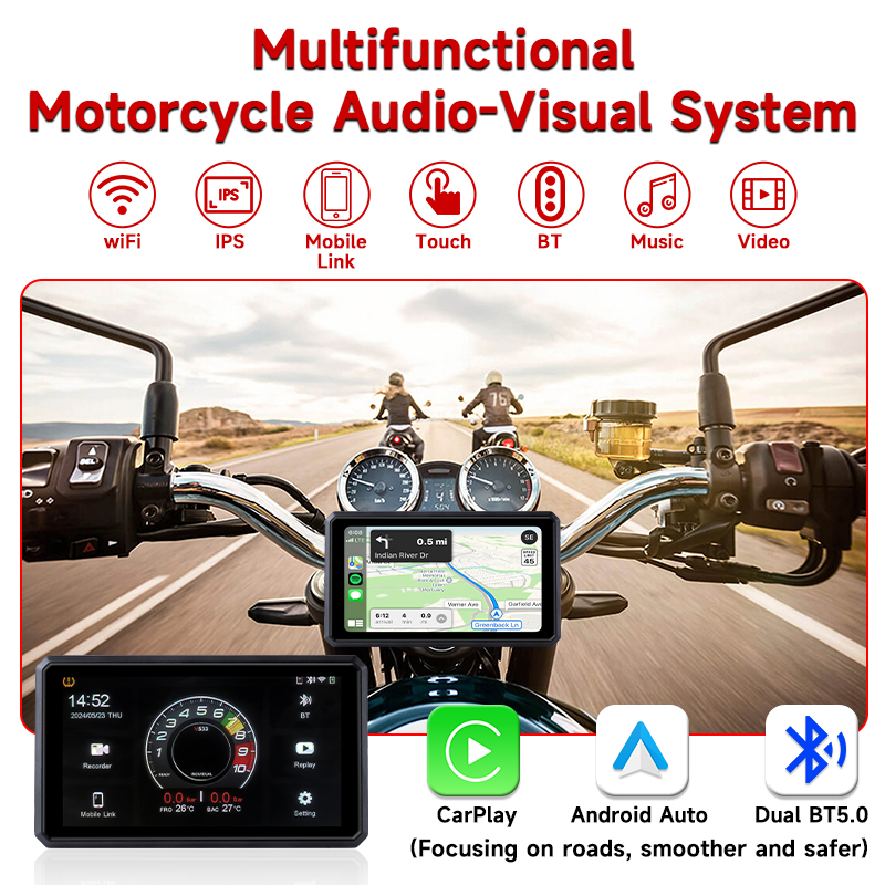 Jansite 5 Inch Motorcycle Navigator Wireless Apple CarPlay Dual ...
