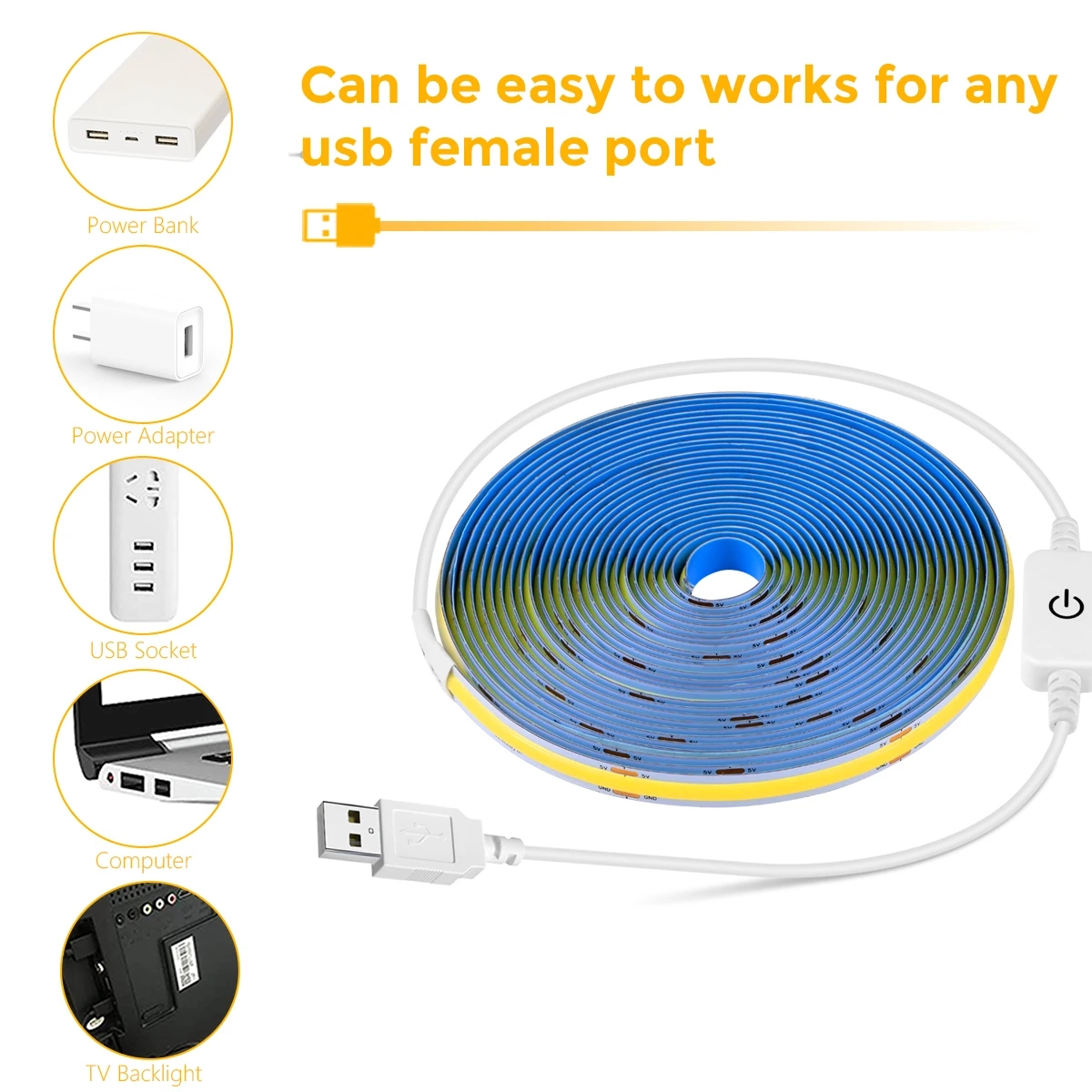 5V USB LED COB Strip Light Touch Dimmable Switch Flexible Led Tape 320 LEDs Soft FOB Light TV ...