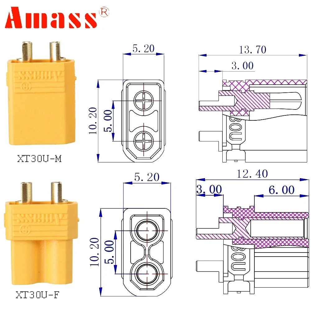 10pcs Amass XT30U Male Female Bullet Connector Plug the Upgrade XT30 For RC FPV Lipo Battery RC ...