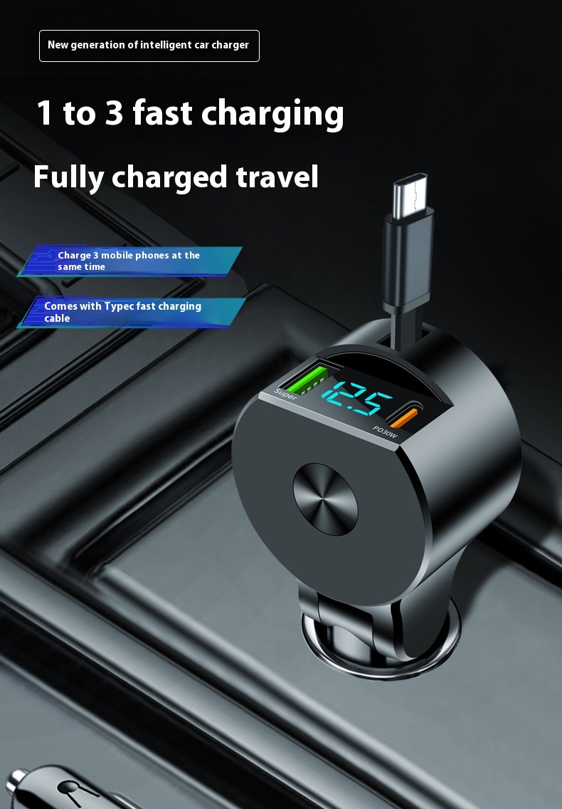 Telescopic Digital Display Super Fast Charger USB+PD30W+Type C Cable Car Charger Car Lighter ...