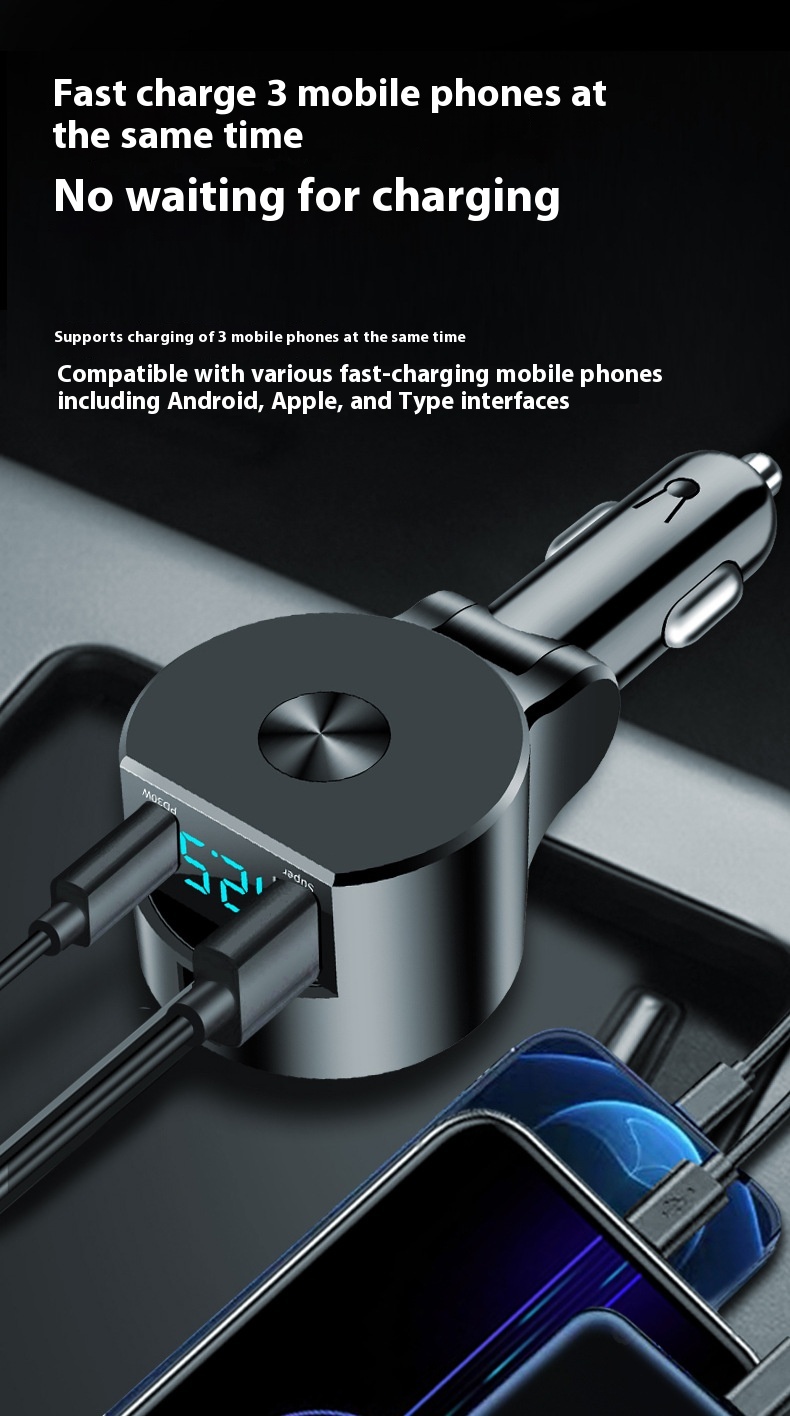 Telescopic Digital Display Super Fast Charger USB+PD30W+Type C Cable Car Charger Car Lighter ...