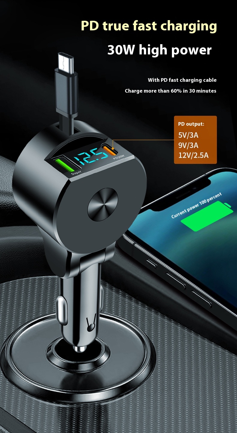 Telescopic Digital Display Super Fast Charger USB+PD30W+Type C Cable Car Charger Car Lighter ...