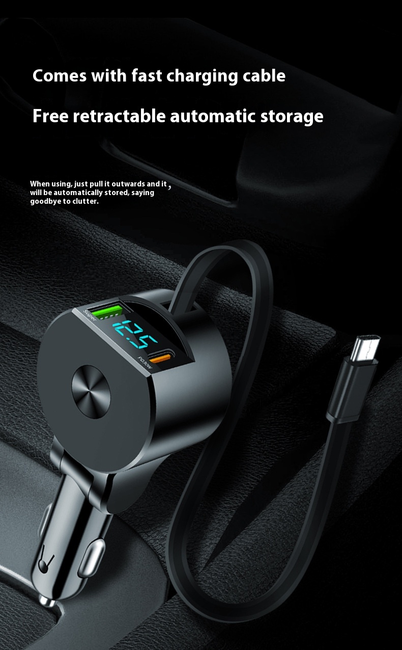 Telescopic Digital Display Super Fast Charger USB+PD30W+Type C Cable Car Charger Car Lighter ...
