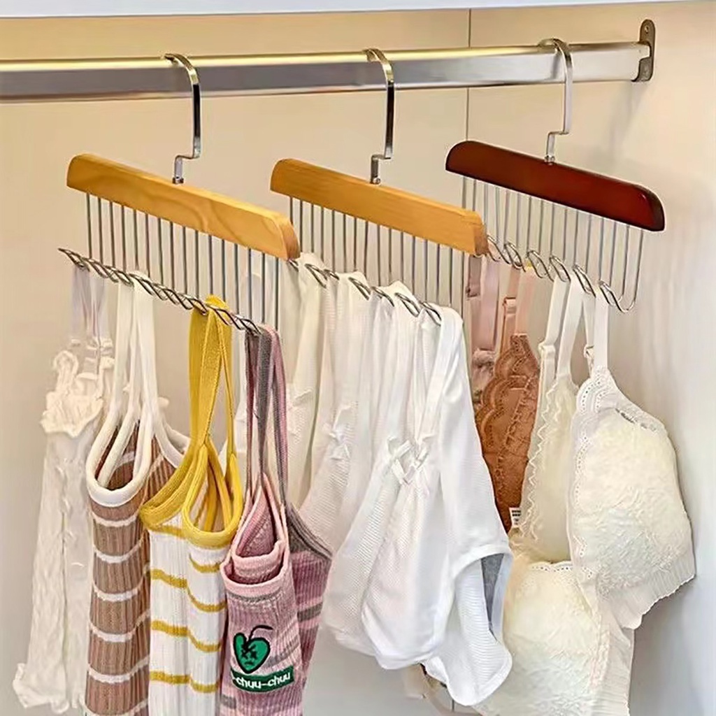 8 Hooks Solid Wood Hanger Bra Hanger Belts Rack Tie Cap Non-Slip Holder ...
