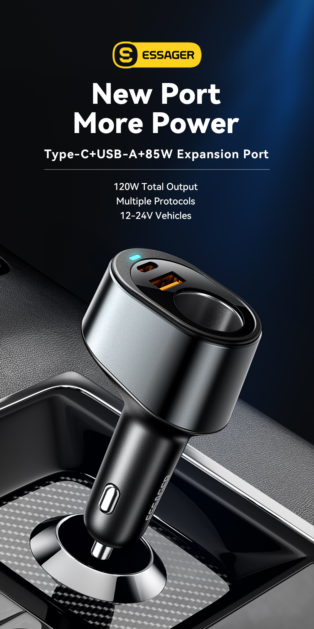 ESSAGER L 120W with cigarette lighter + USB+Type-C Fast charging car ...