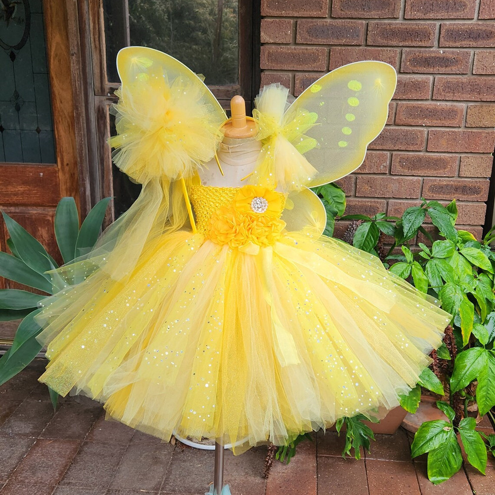 Girls Yellow Flower Fairy Dress Kids Glitter Tutu Dress with Butterfly ...