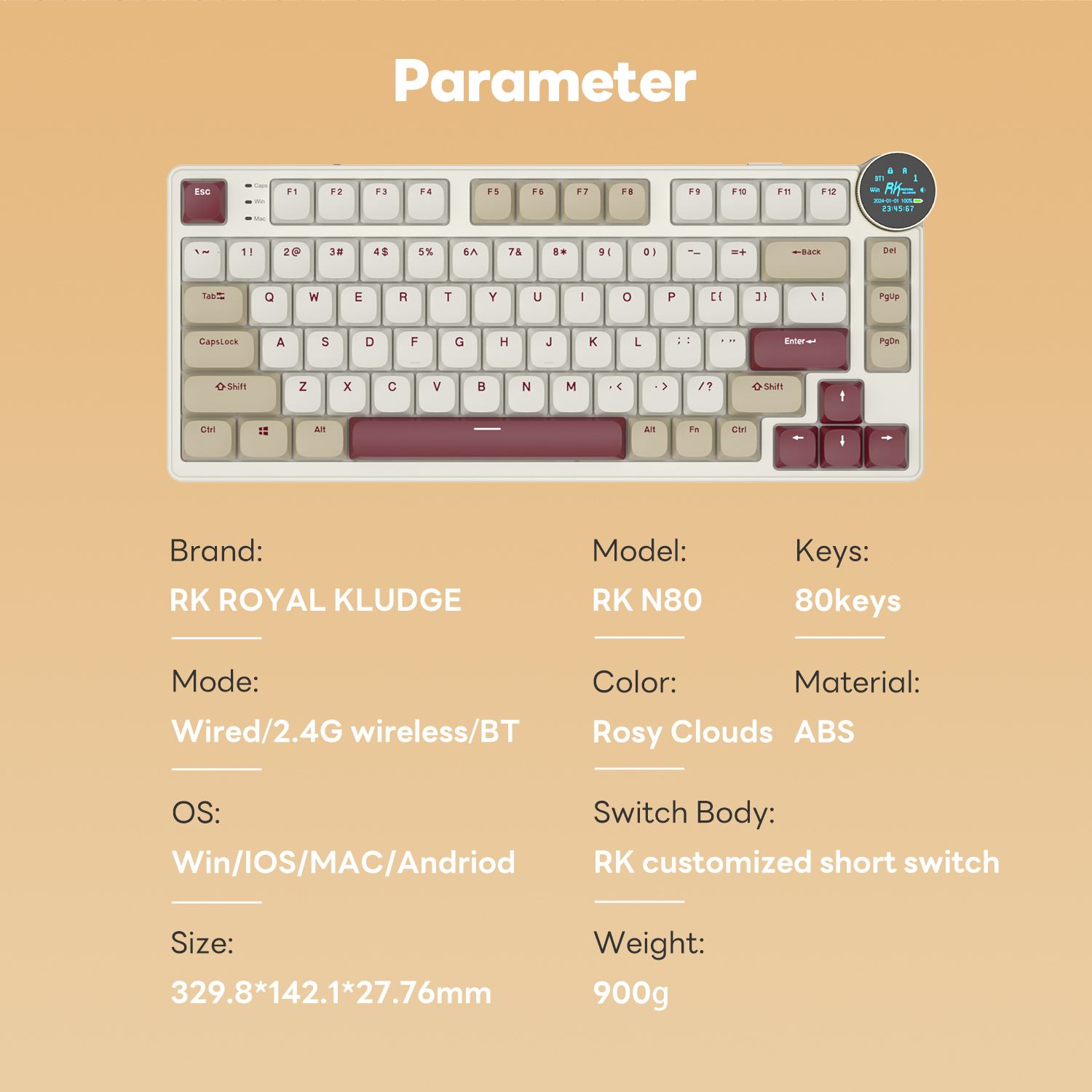 Royal Kludge RK N80 80% Size Pearly Dawn Low Profile Tri-Mode RGB Wired Bluetooth 2.4G Wireless ...