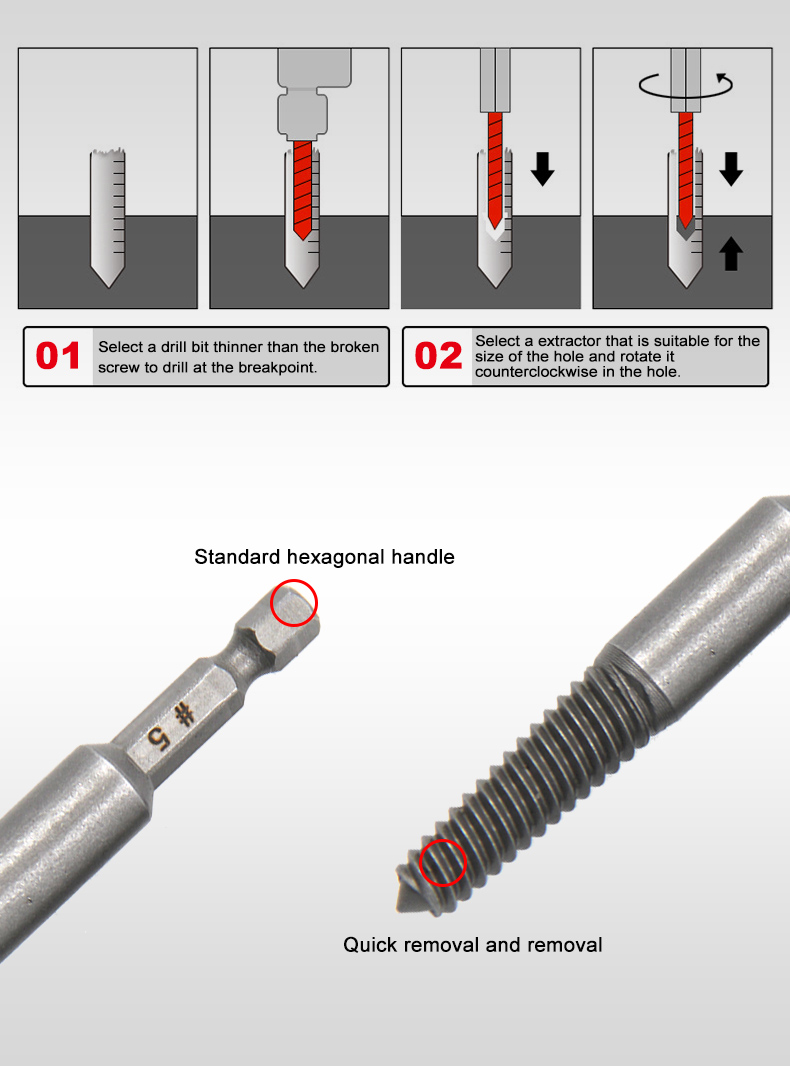5pc Hex Shank Broken Head Bolt Remover Kit , Durable Tool for Removing ...