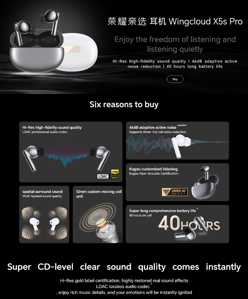 Honor Choice Wingcloud X5s Pro TWS Earphone Bluetooth True Wireless Headphone 40 Hour Battery ...