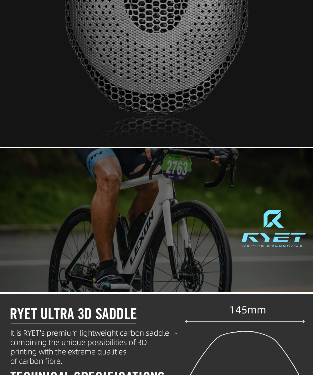 RYET Ultra Full Carbon 3D printed Bike Saddle 205g High Modulus Carbon ...