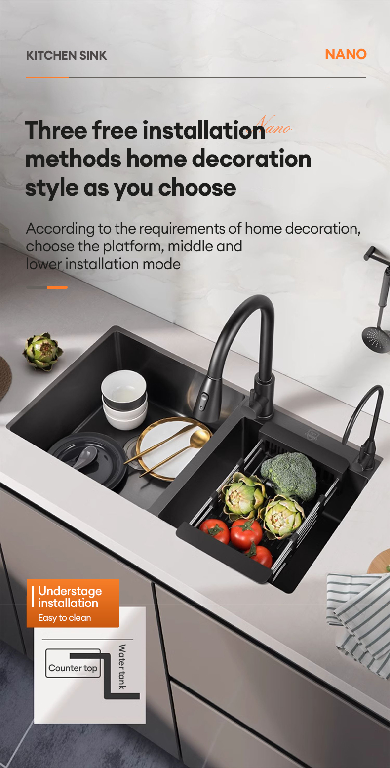 KEVE 304 Stainless Steel Black Kitchen Sink Complete Set Stainless ...