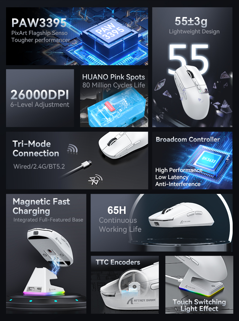 Attack Shark X6 wireless Mouse , RGB Touch Magnetic Charging Base,Tri ...