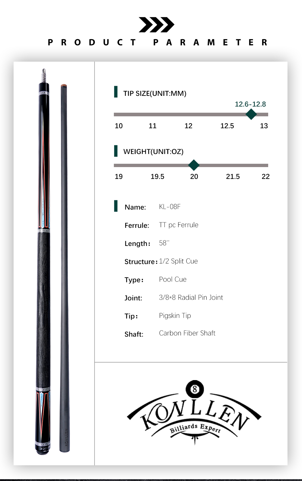 KONLLEN Carbon Fiber Pool Cue Handmade Inlay with low deflection pool ...