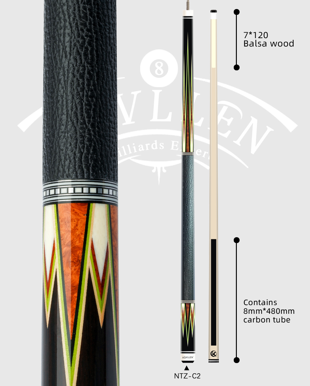 KONLLEN Inlay Pool Cue Stick Carbon Tube Silver Ring Billiard Cue 12 ...